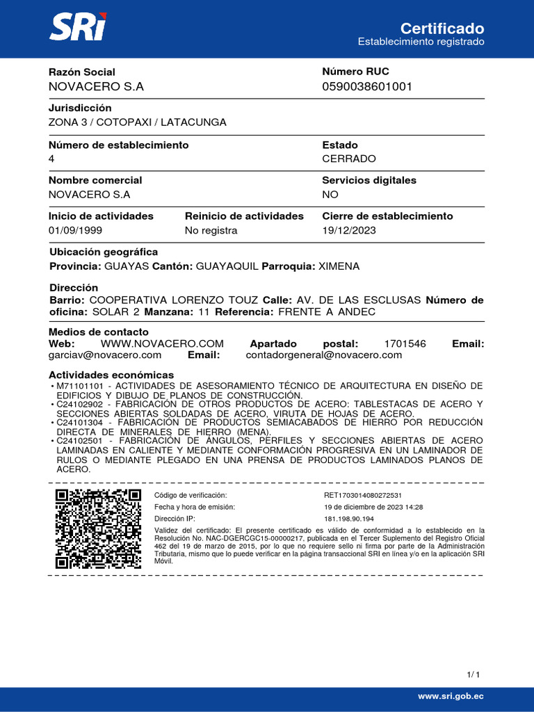 Ruc Establecimiento 004 Guasmo Cerrado | PDF | Acero