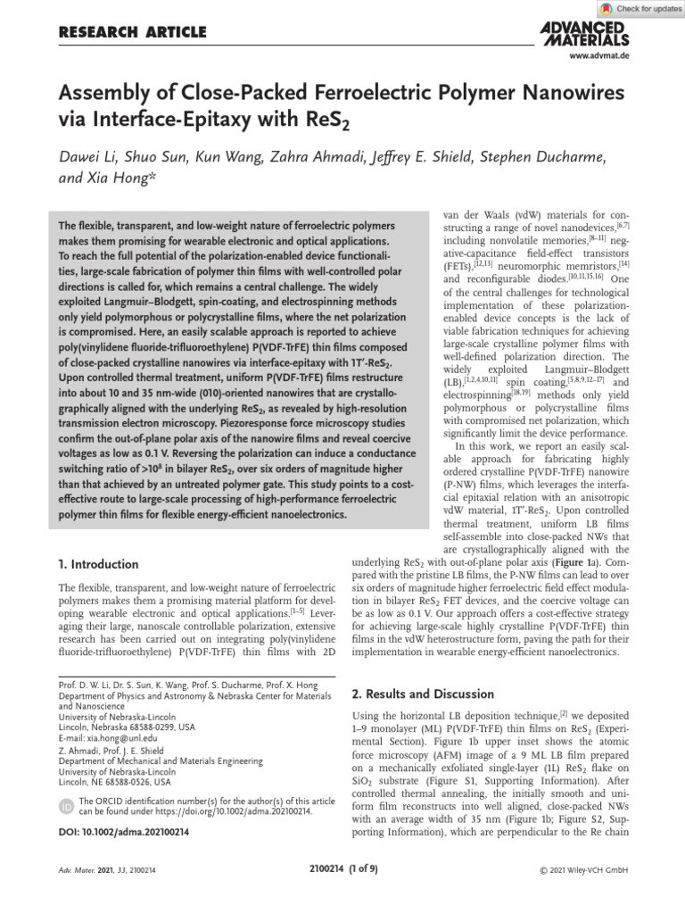 Advanced Materials - 2021 - Li - Assembly of Close Packed Ferroelectric Polymer Nanowires Via ...