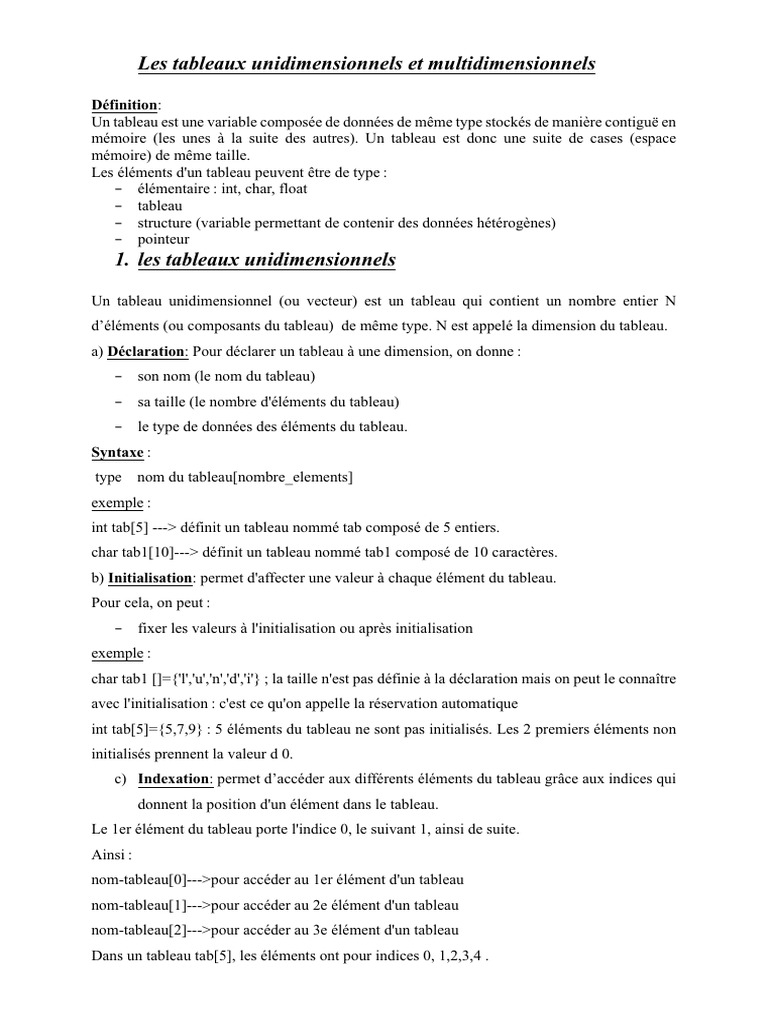 Tableaux en C : Unidimensionnels et Multidimensionnels | PDF | Variable ...