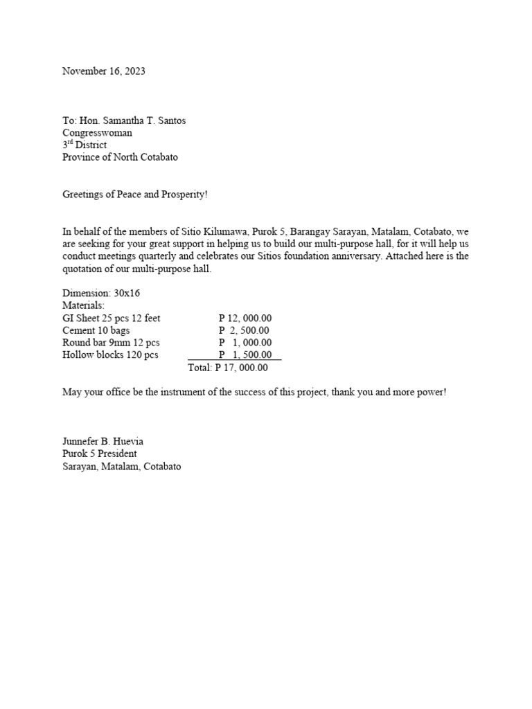 Purok 5 Request Letter For Multi Purpose Hall | PDF | Politics | Home ...