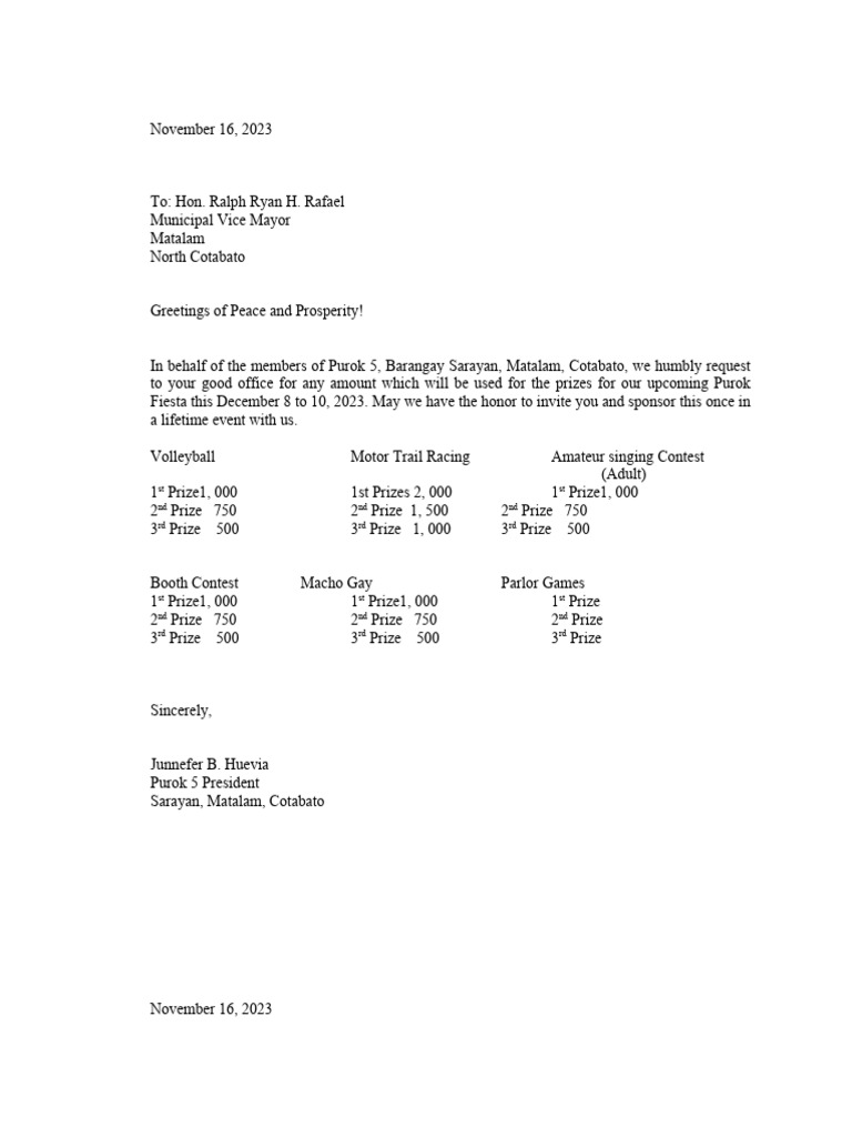 Purok 5 Solicitation Letter | PDF