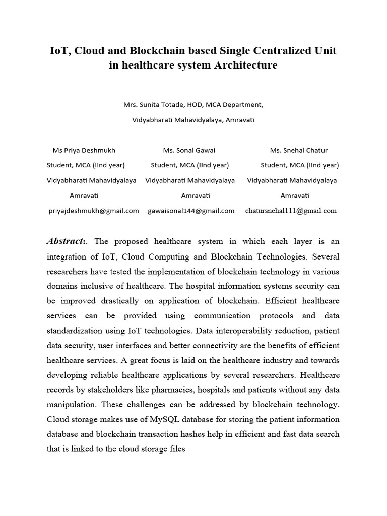 Iot, Cloud and Blockchain Based Single Centralized Unit in Healthcare System Architecture | PDF ...