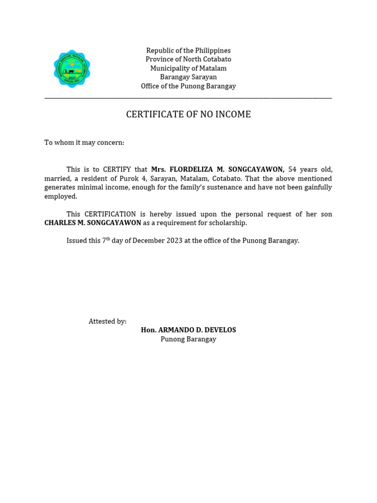 Certificate of No Income for Scholarship | PDF | Wellness