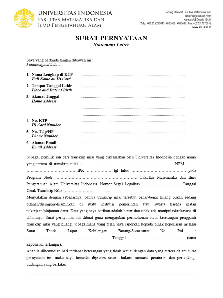 Formulir Pernyataan Kehilangan Transkrip Statement Letter For The Lost Transcript | PDF