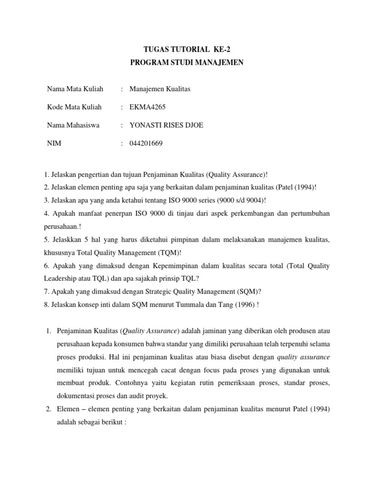 Manajemen Kualitas dan ISO 9000 | PDF