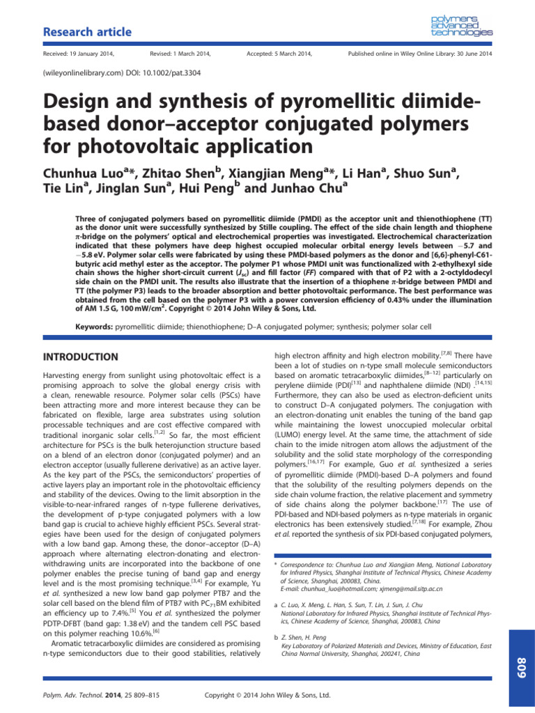 Polymers For Advanced Techs - 2014 - Luo - Design and Synthesis of Pyromellitic Diimide Based ...