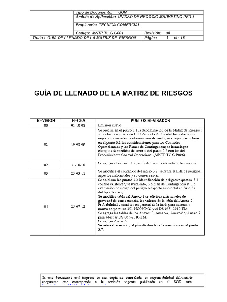 10 Guía - Llenado de La Matriz de Riesgos | PDF | Riesgo | Evaluación de riesgos