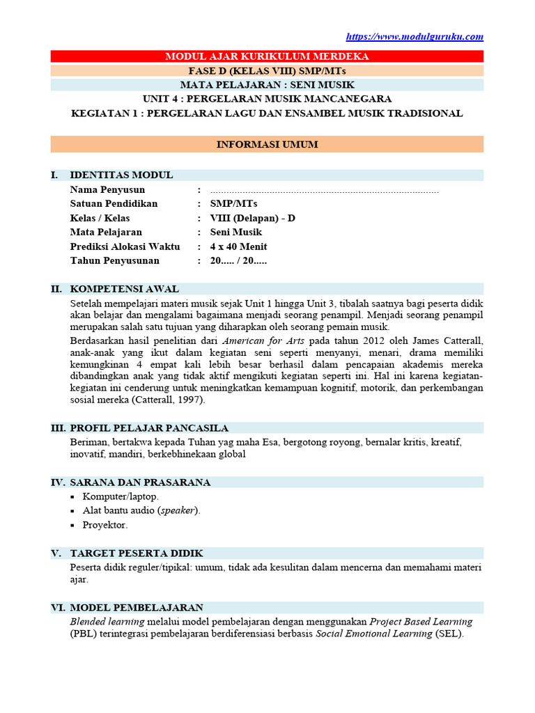 Modul Ajar Seni Musik Fase D Kelas 8 Unit 4 | PDF