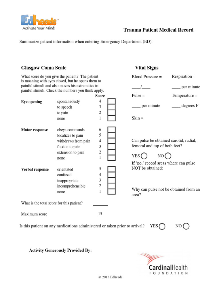 Edheads Trauma Worksheet | PDF | Coma | Pulse