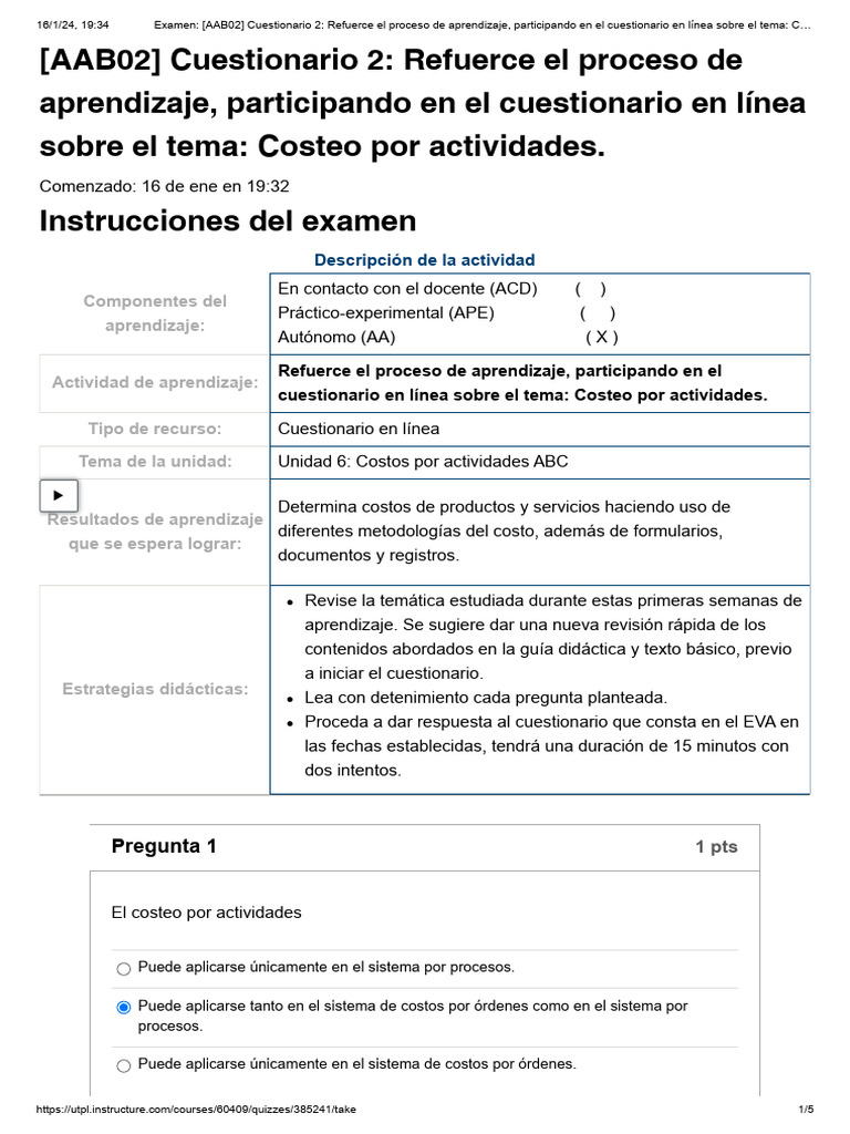 Cuestionario ABC: Costeo por Actividades | PDF | Cuestionario | Aprendizaje