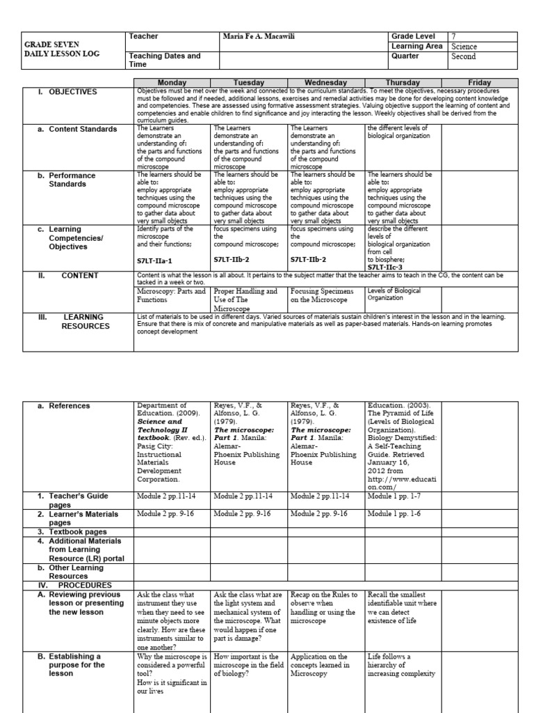 Science 7 Quarter 2 Lesson Plan | PDF | Learning | Microscope