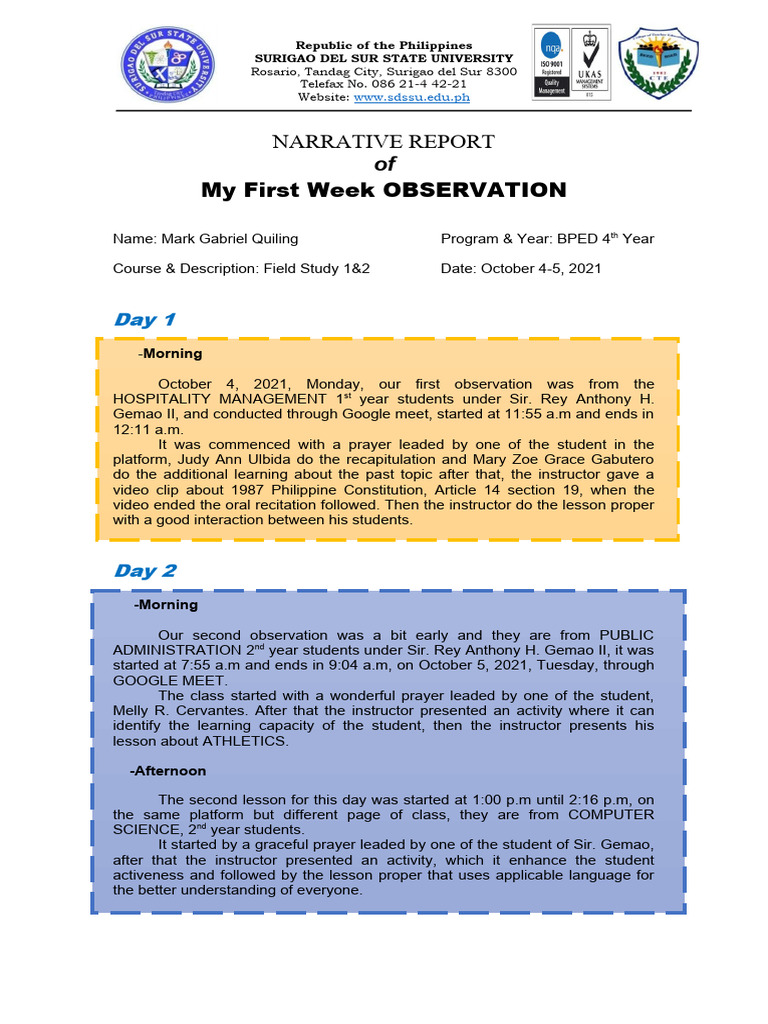 NARRATIVE REPORT 1st Week | PDF | Human Communication | Learning