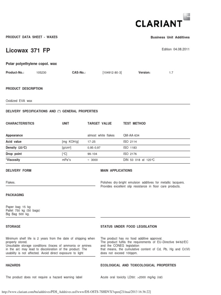 Licowax® 371 FP | PDF | Hazards | Wax