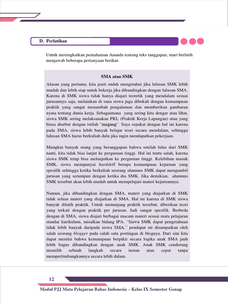Teks Tanggapan: SMA vs SMK | PDF | Karier & Perkembangan | Kesehatan ...