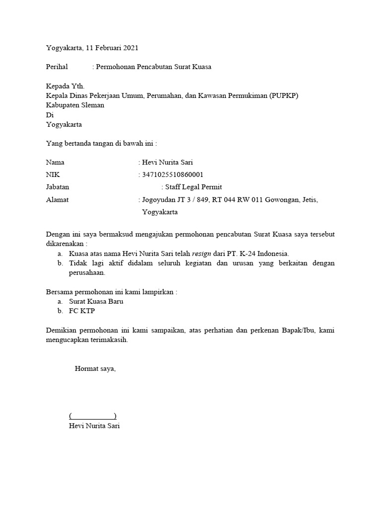 Draft Surat Pencabutan Kuasa | PDF