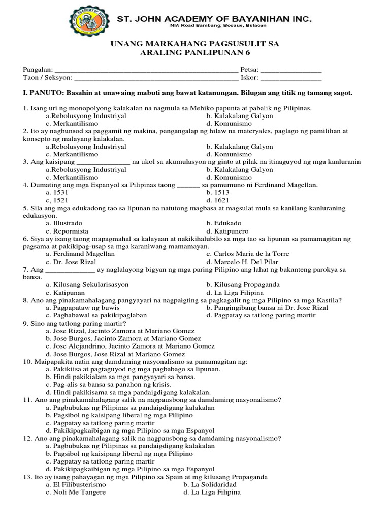 Unang Markahang Pagsusulit Sa AP 6 | PDF Unang Markahang Pagsusulit Sa AP 6 | PDF