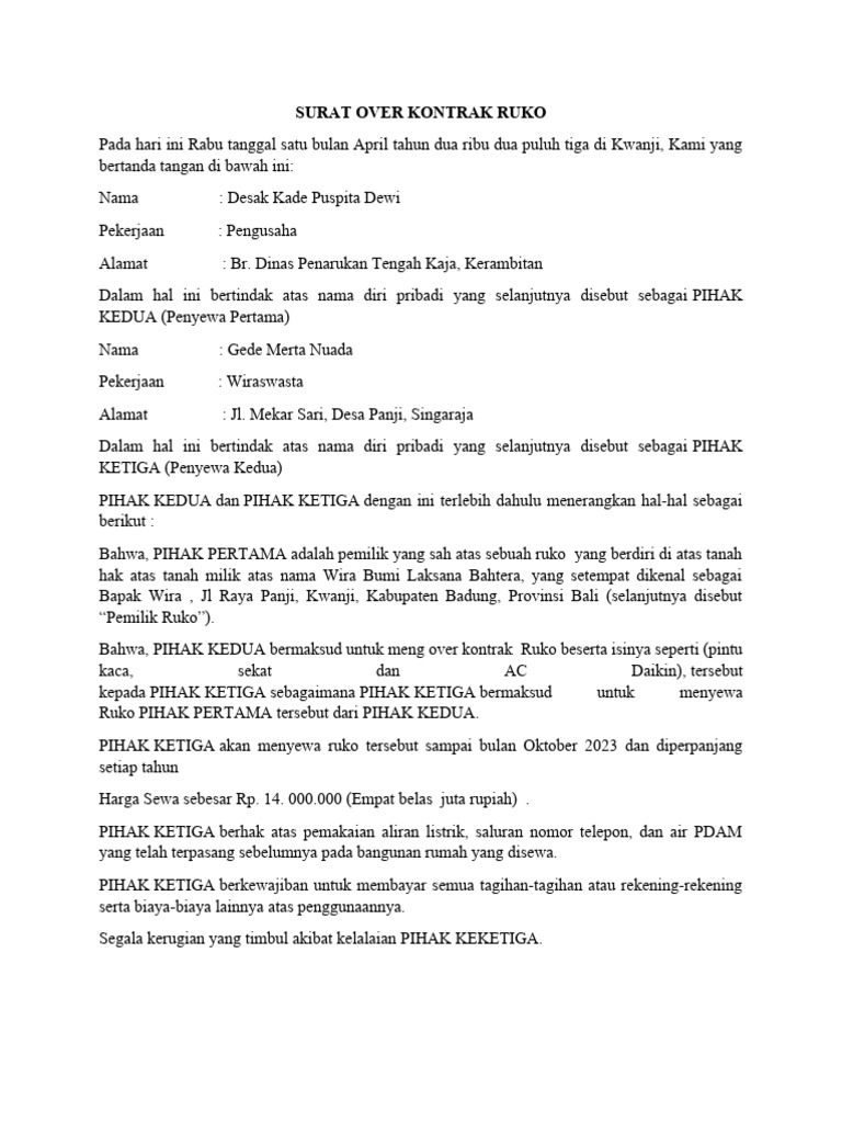 Surat Over Kontrak Ruko Kwanji | PDF | Griya & Taman