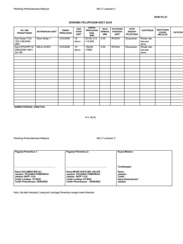 Kew - Pa-21 Borang Pelupusan Aset Alih Skpp113 2022 | PDF