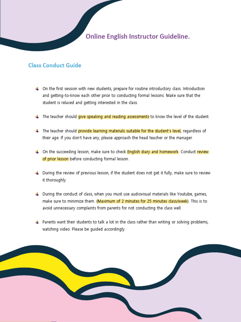 Online English Instructor Guideline Pdf Teachers Homework