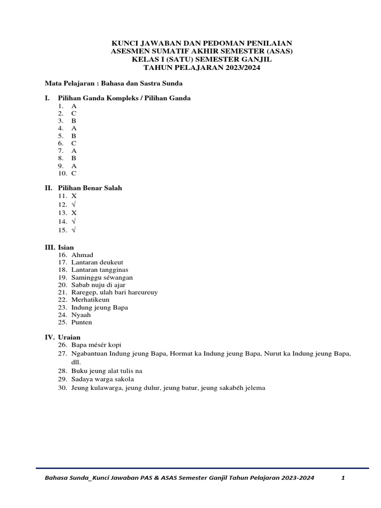 Bahasa Sunda - Kunci Jawaban Asas & Pas SMS Ganjil TP 2023-2024 | PDF