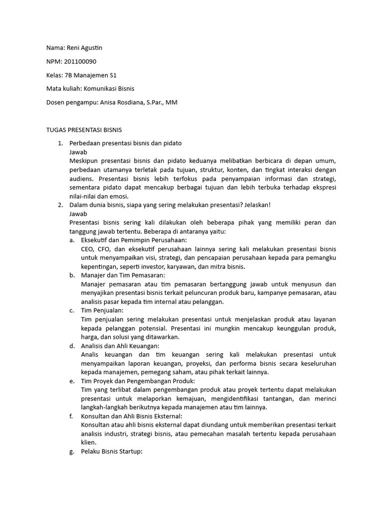 Reni Agustin (201100090) - Tugas Presentasi Bisnis | PDF
