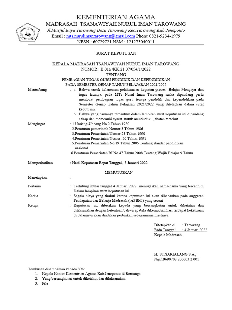 Pembagian Tugas Semester Genap Tp. 2021-2022 | PDF