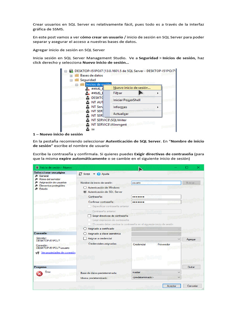 Crear Usuarios en SQL Server | PDF
