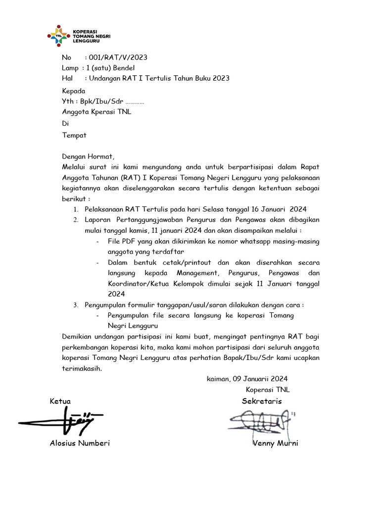 Surat Pengantar RAT | PDF