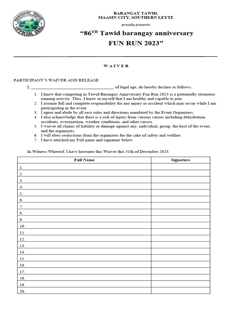 Tawid Fun Run 2023 Adult Waiver | PDF | Social Science