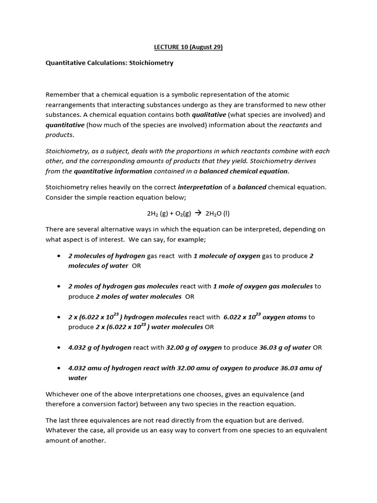 Lecture 10 Chem | PDF | Mole (Unit) | Stoichiometry