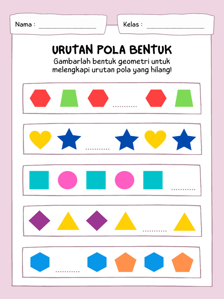 Lembar Kerja Menggambar Urutan Pola Bentuk Ilustrasi Warna-Warni | PDF