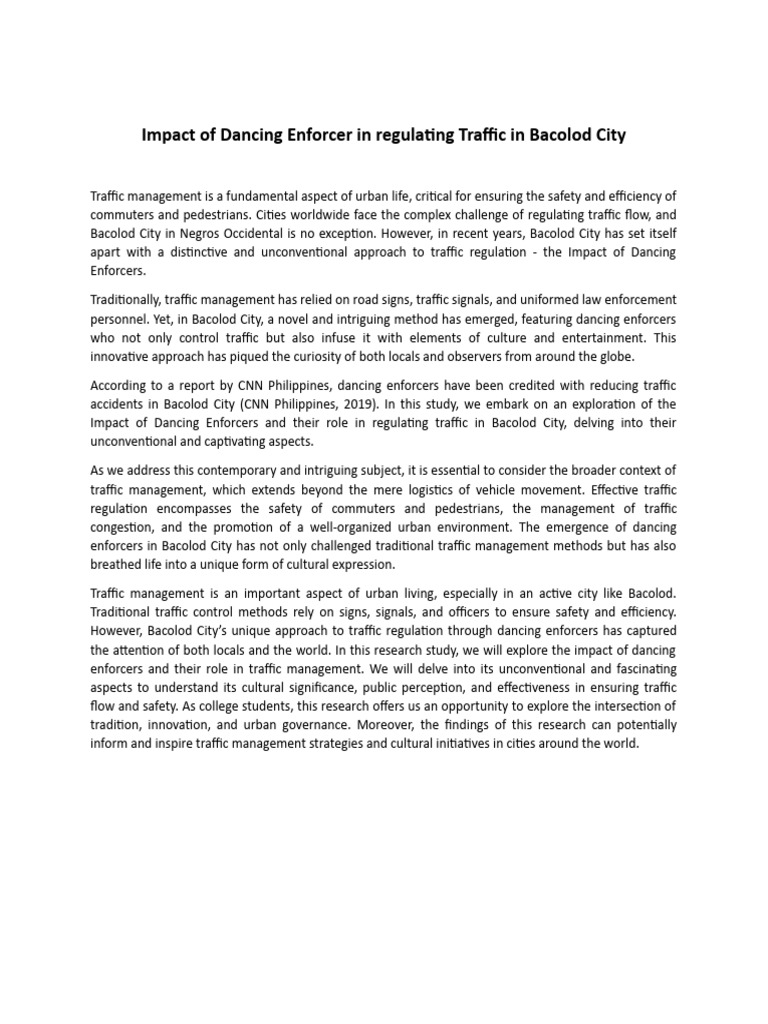 Impact of Dancing Enforcer in Regulating Traffic in Bacolod Cit1 With ...