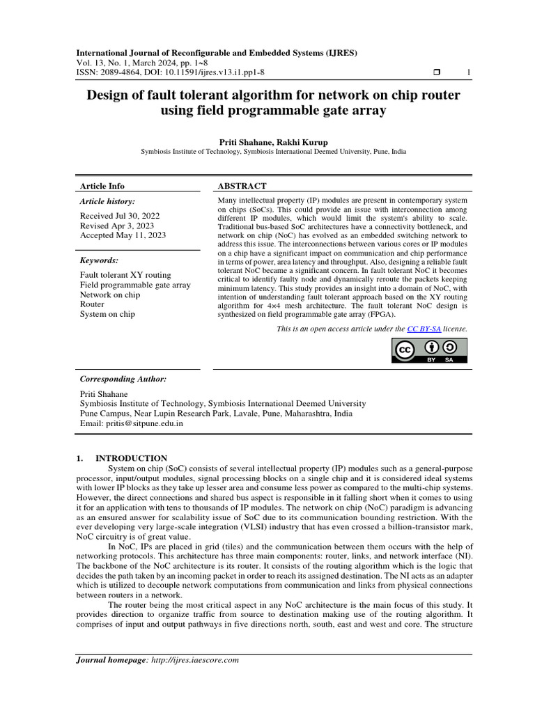 Design Of Fault Tolerant Algorithm For Network On Chip Router Using Field Programmable Gate 4760
