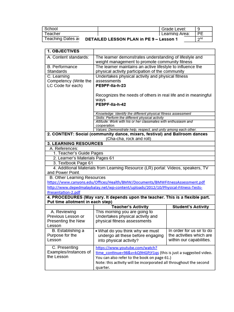 1.1 DAILY LESSON PLAN Fitness Assessment | PDF | Learning | Teachers