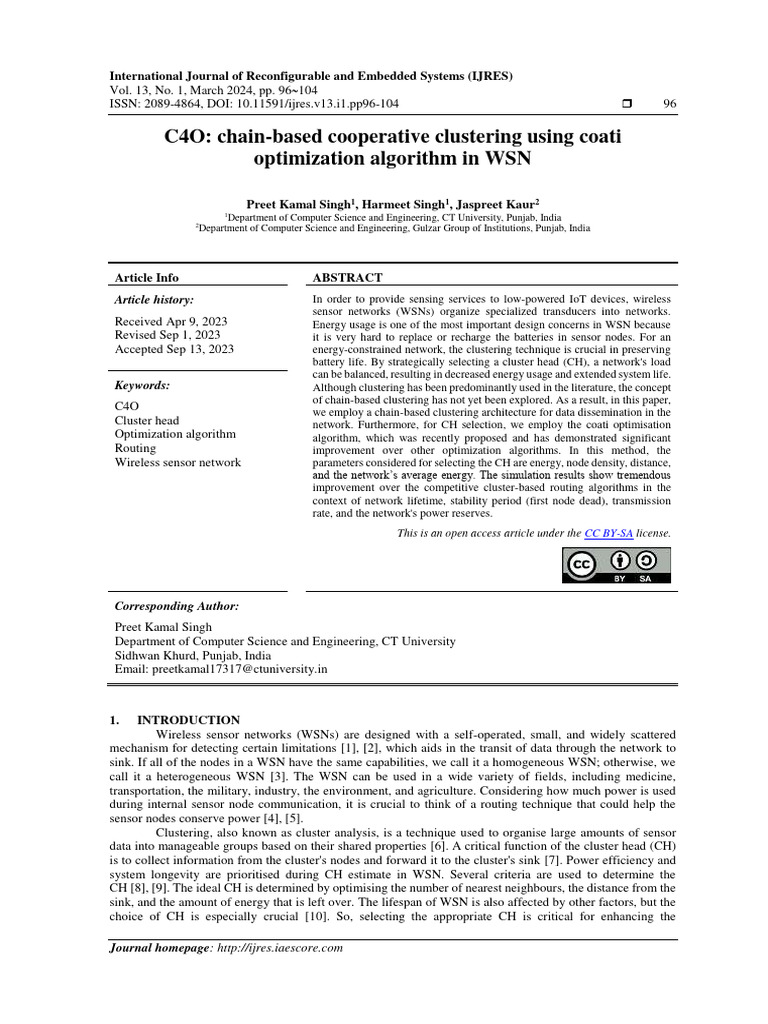 C4O: Chain-Based Cooperative Clustering Using Coati Optimization Algorithm in WSN | PDF