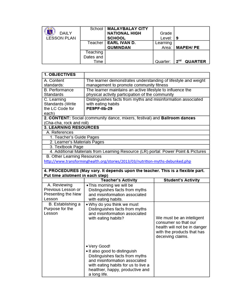 DAILY LESSON PLAN Eating Habits | PDF