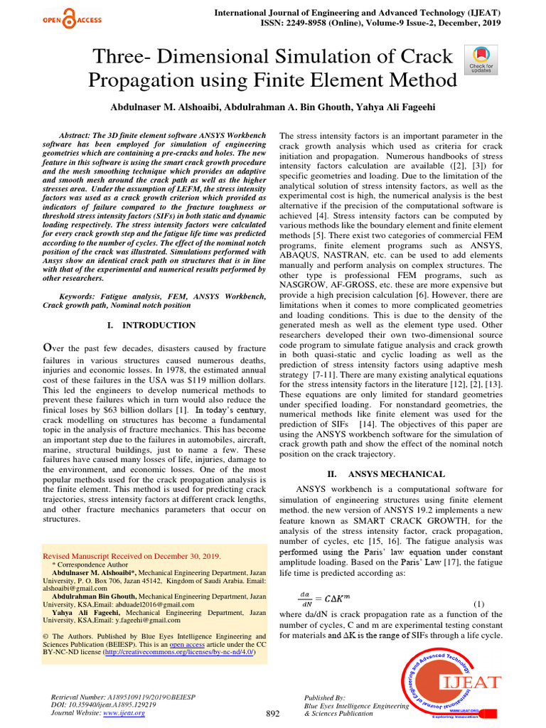 Three Dimensional Simulation Of Crack Propagation Using Finite Element Method Pdf