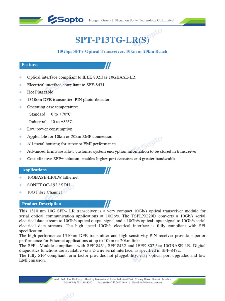 SFP 20km | PDF | Physical Layer Protocols | Electrical Engineering