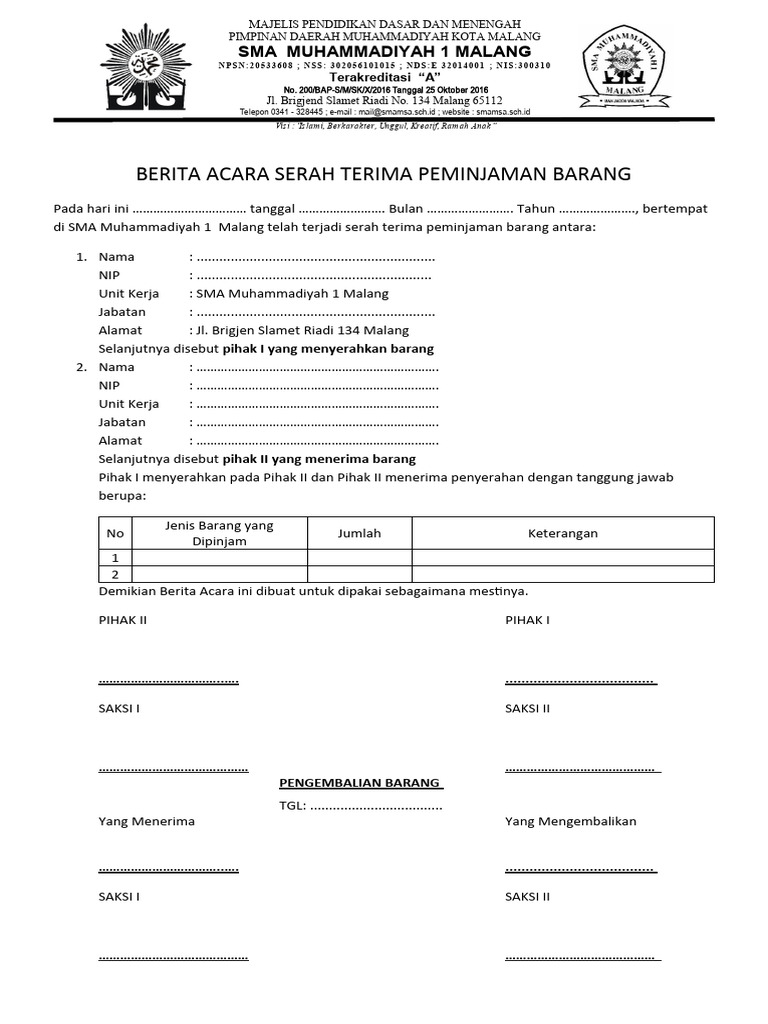 Form Berita Acara Serah Terima Pinjam Barang Manekin Jenazah | PDF