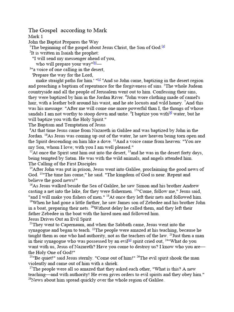 The Gospel According To Mark | PDF | John The Baptist | Jesus