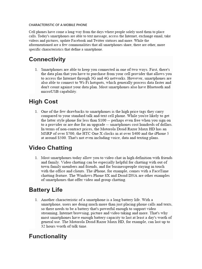 CHARACTERISTIC OF A MOBILE PHONE | PDF