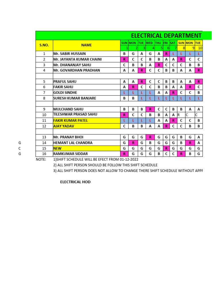 SHIFT SCHEDULE NFD | PDF | Electrical Engineering | Vocational Education