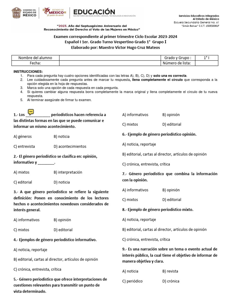 Examen ESPAÑOL 1° 1ER TRIME. 2023 | PDF