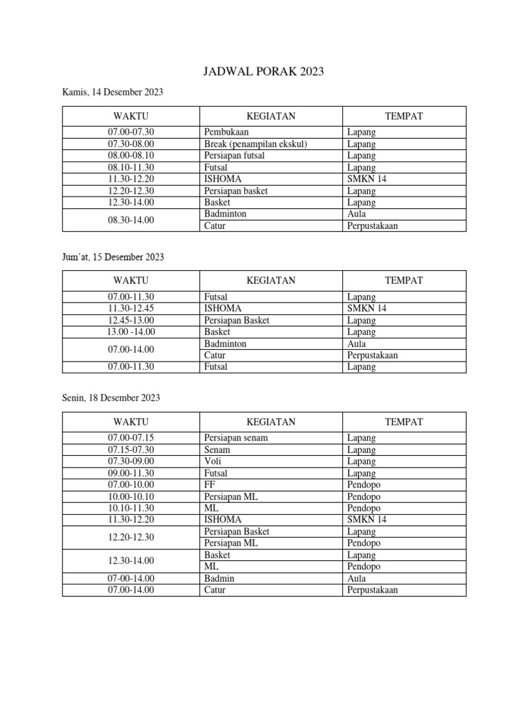 Jadwal Kegiatan PORAK 2023 | PDF