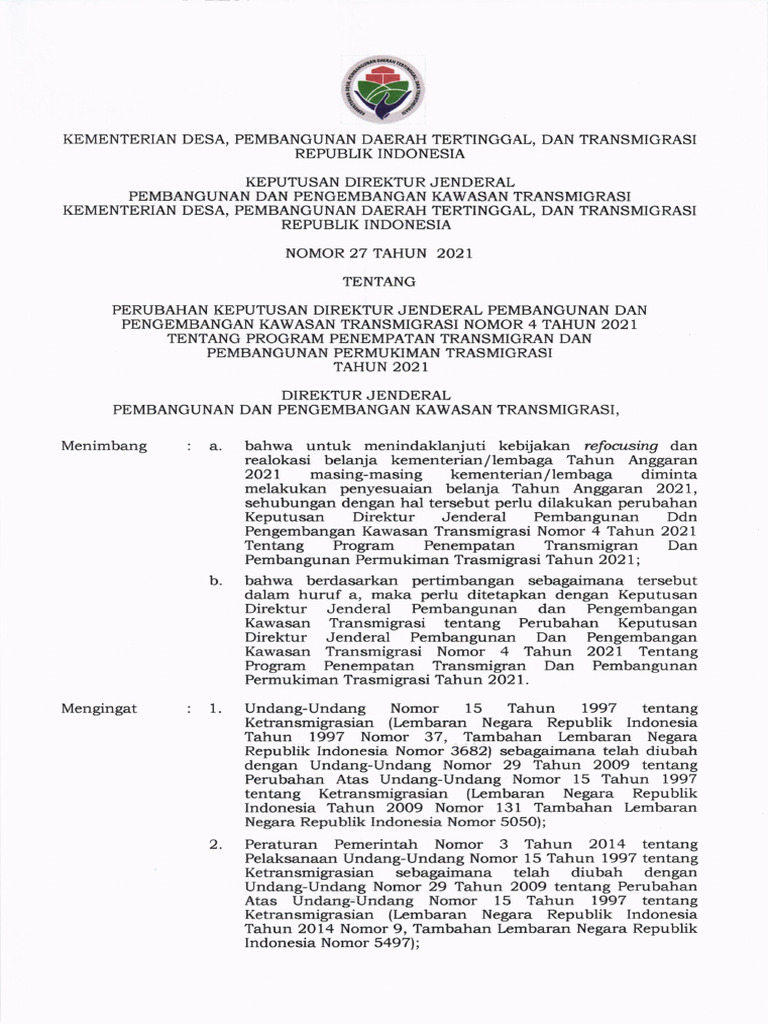 Perubahan Program Transmigrasi 2021 | PDF
