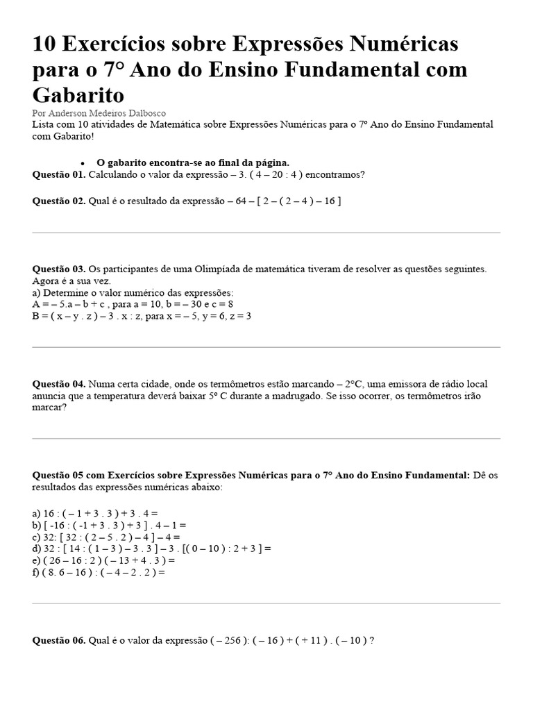 10 Exercícios Sobre Expressões Numéricas para o 7 | PDF | Métodos e Materiais de Ensino