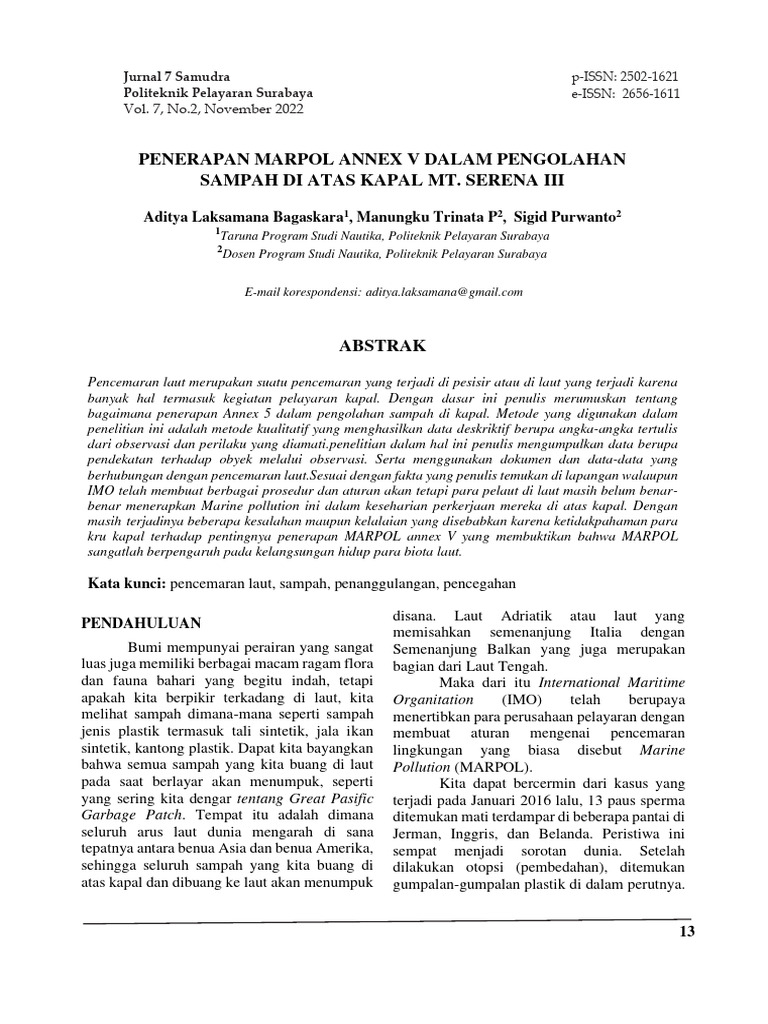 110.3+PENERAPAN+MARPOL+ANNEX+V+DALAM+PENGOLAHAN+SAMPAH+DI+ATAS+KAPAL+MT.+SERENA+III_rev | PDF