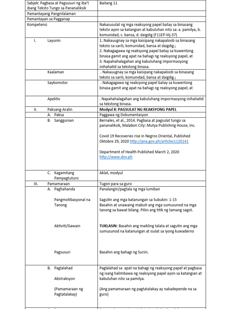 Grade 11 Pagbasa at Pagsusuri - Module 8 | PDF