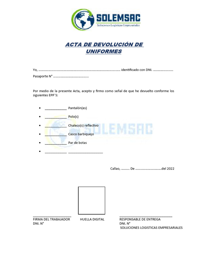 Acta de Devolución de Uniformes EPP | PDF