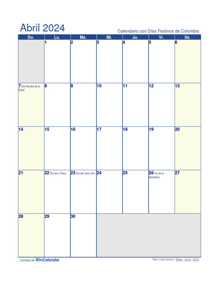 Calendario Abril 2024: Festivos Colombia | PDF